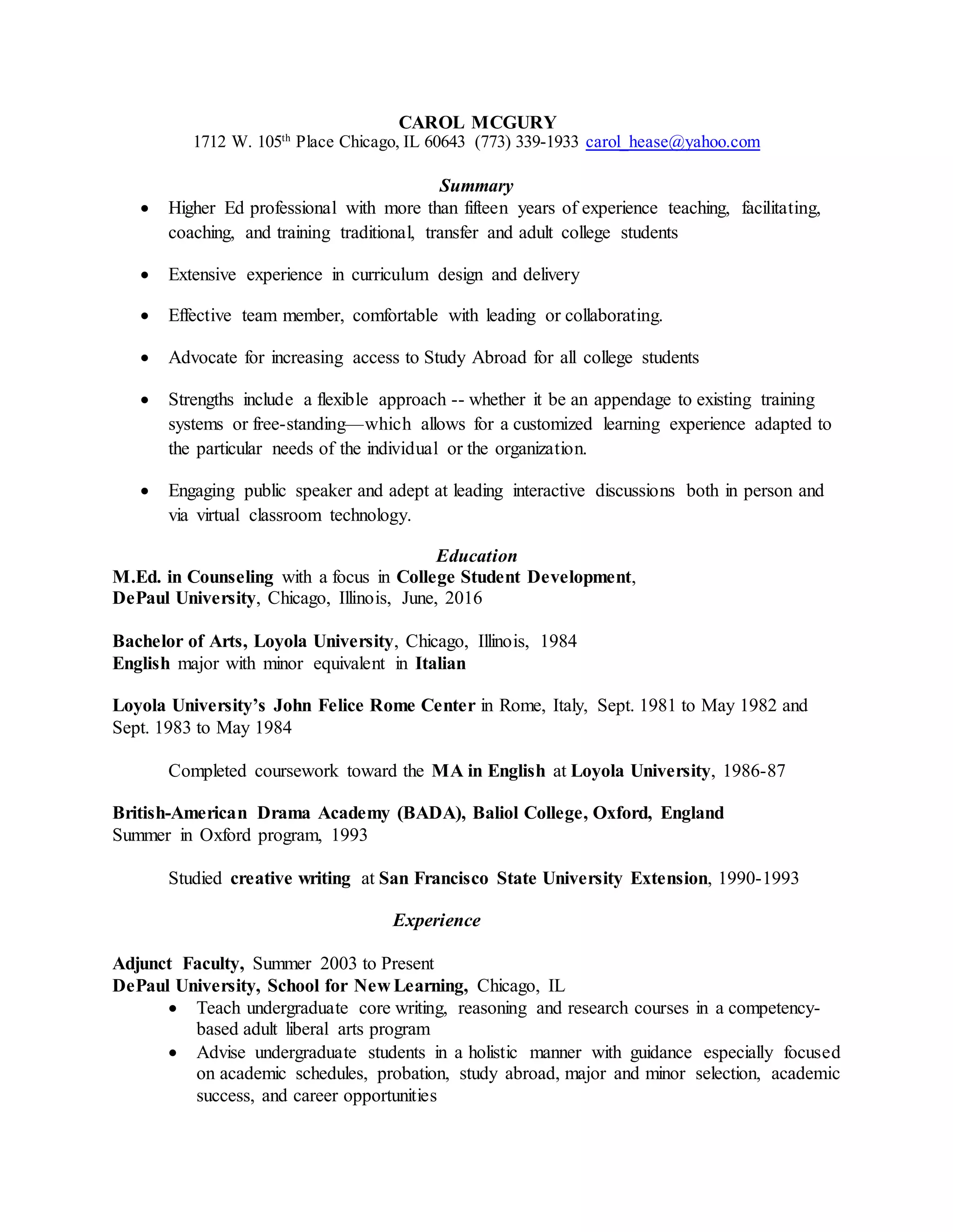 Carol McGury Resume SA | DOCX | Undergraduate Education | College Education