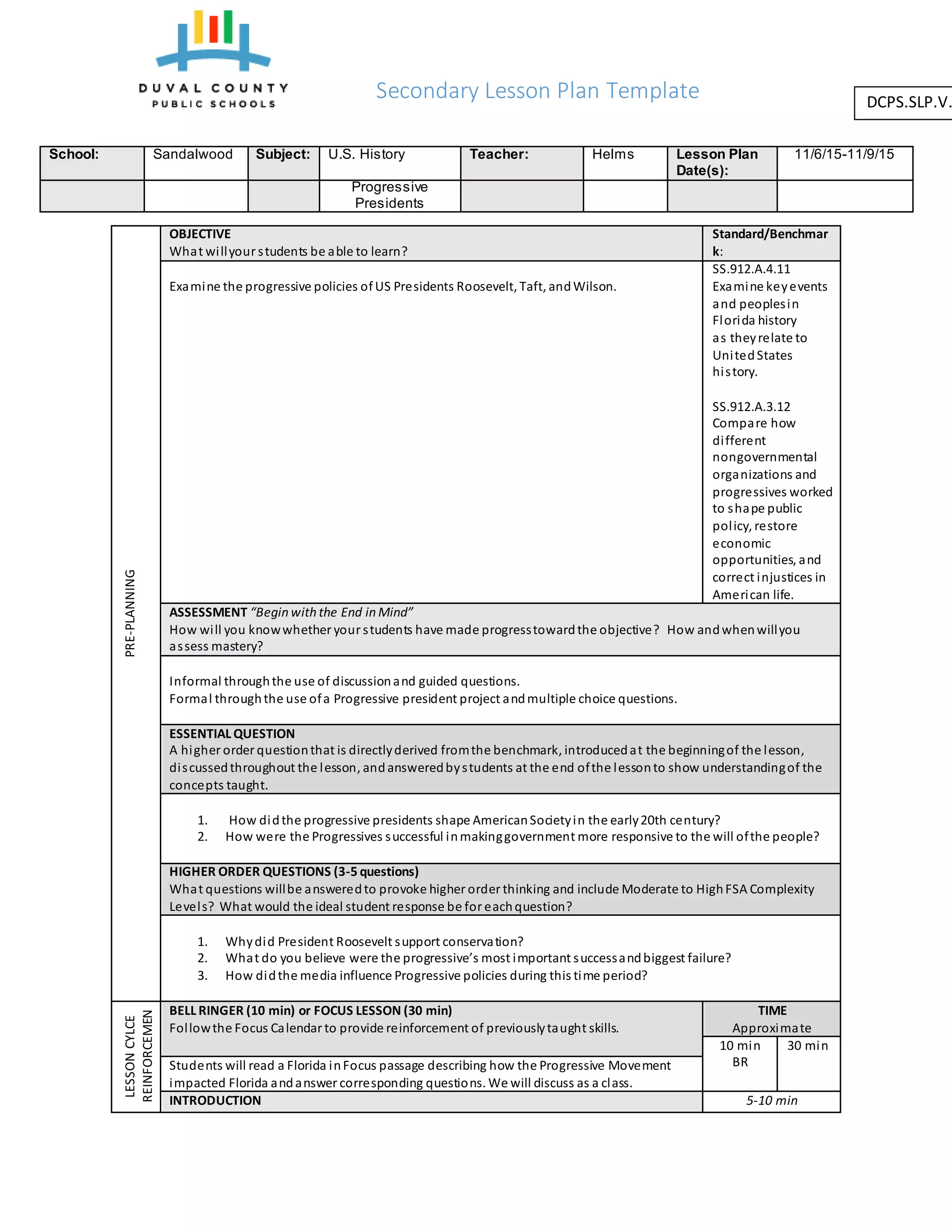 Lesson Plan Roosevelt | DOCX | Educational Assessment | Education