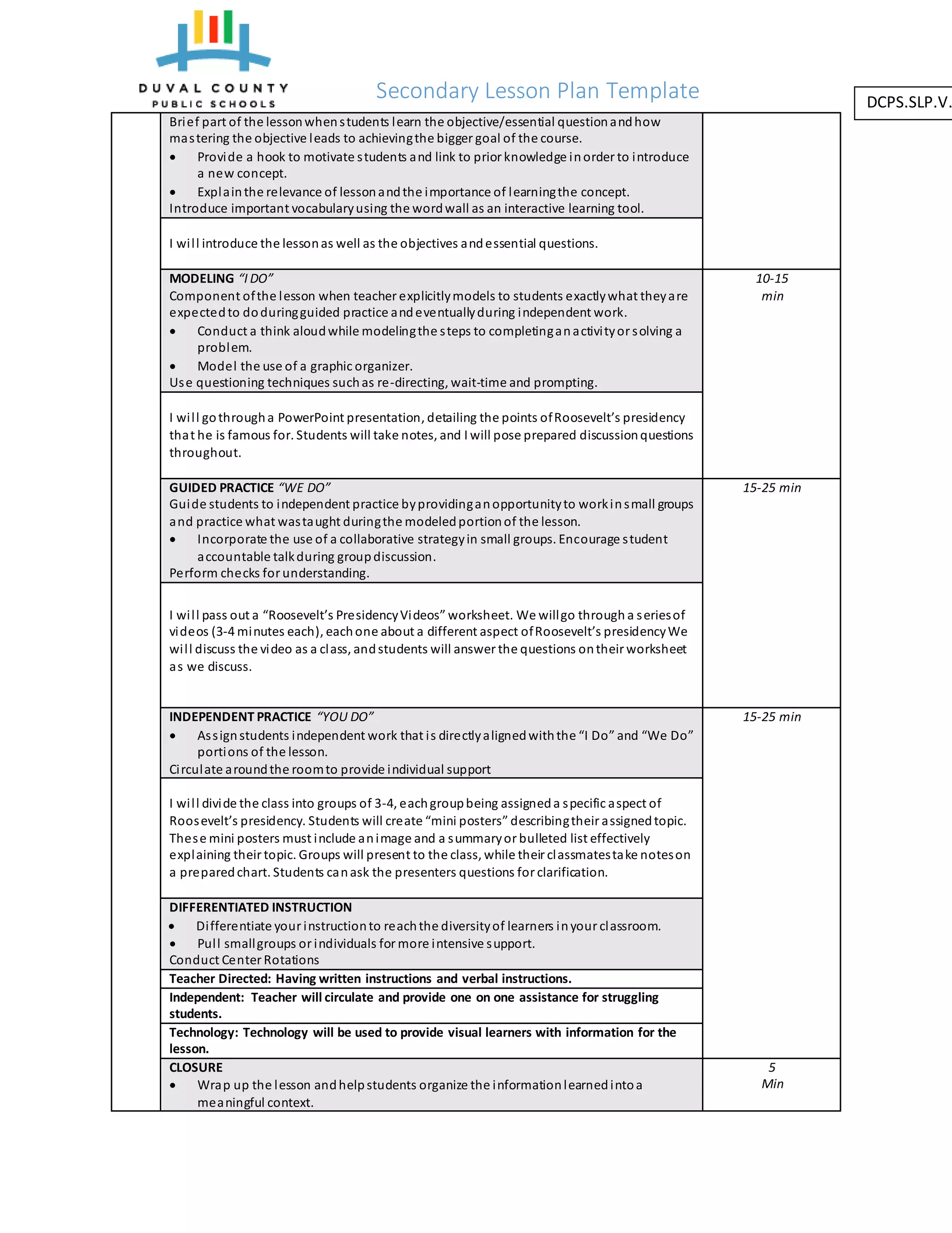 Lesson Plan Roosevelt | DOCX | Educational Assessment | Education