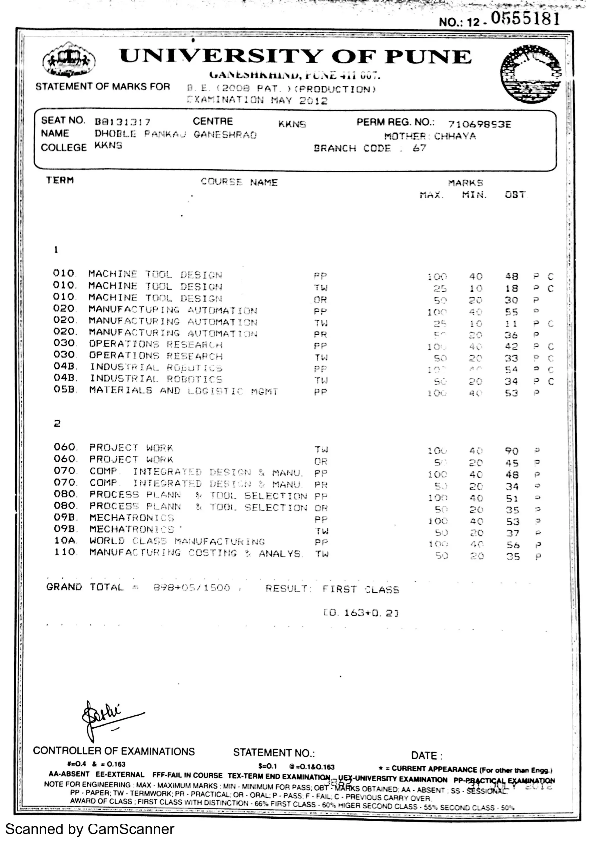 BE Marksheet | PDF