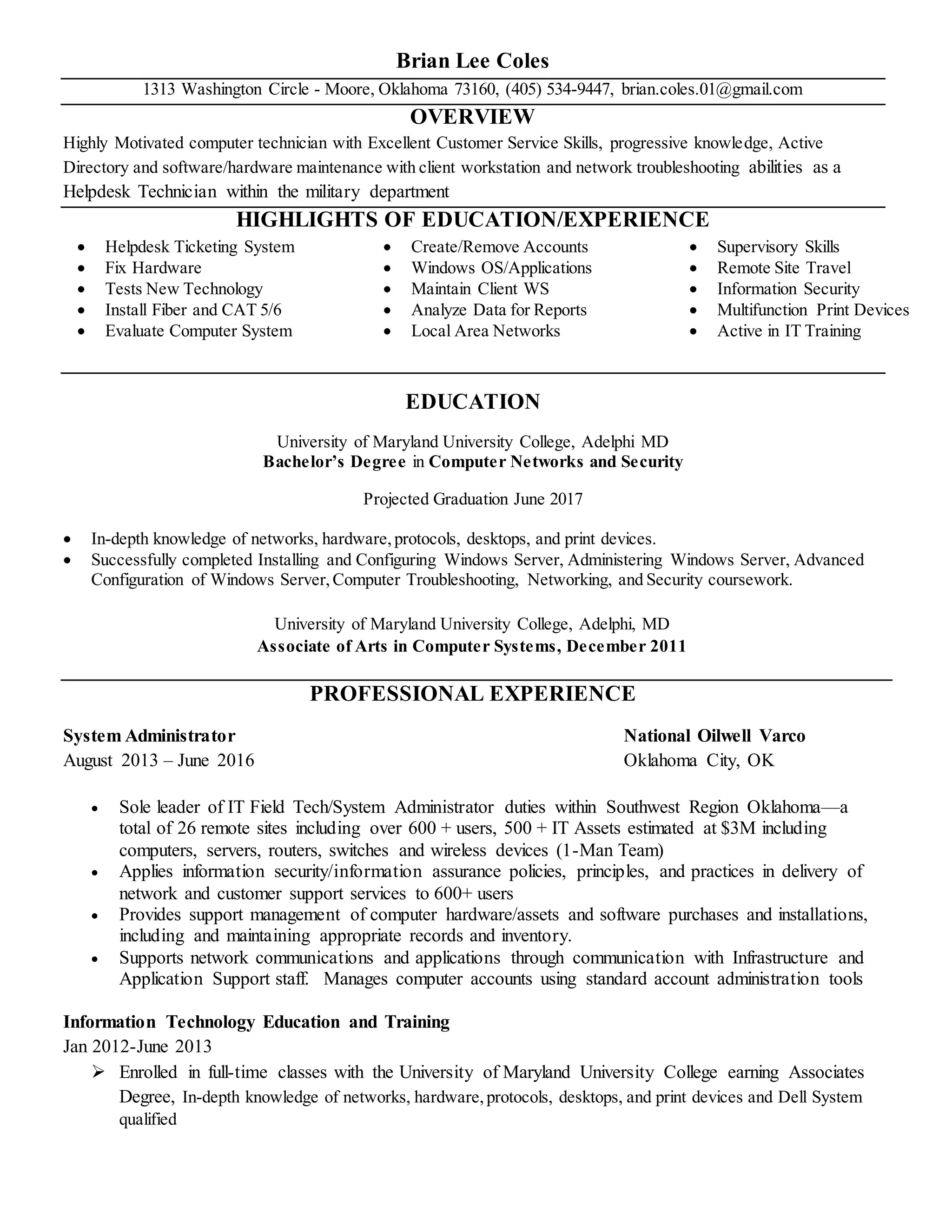 Coles Resume Corporate 2016 | DOCX