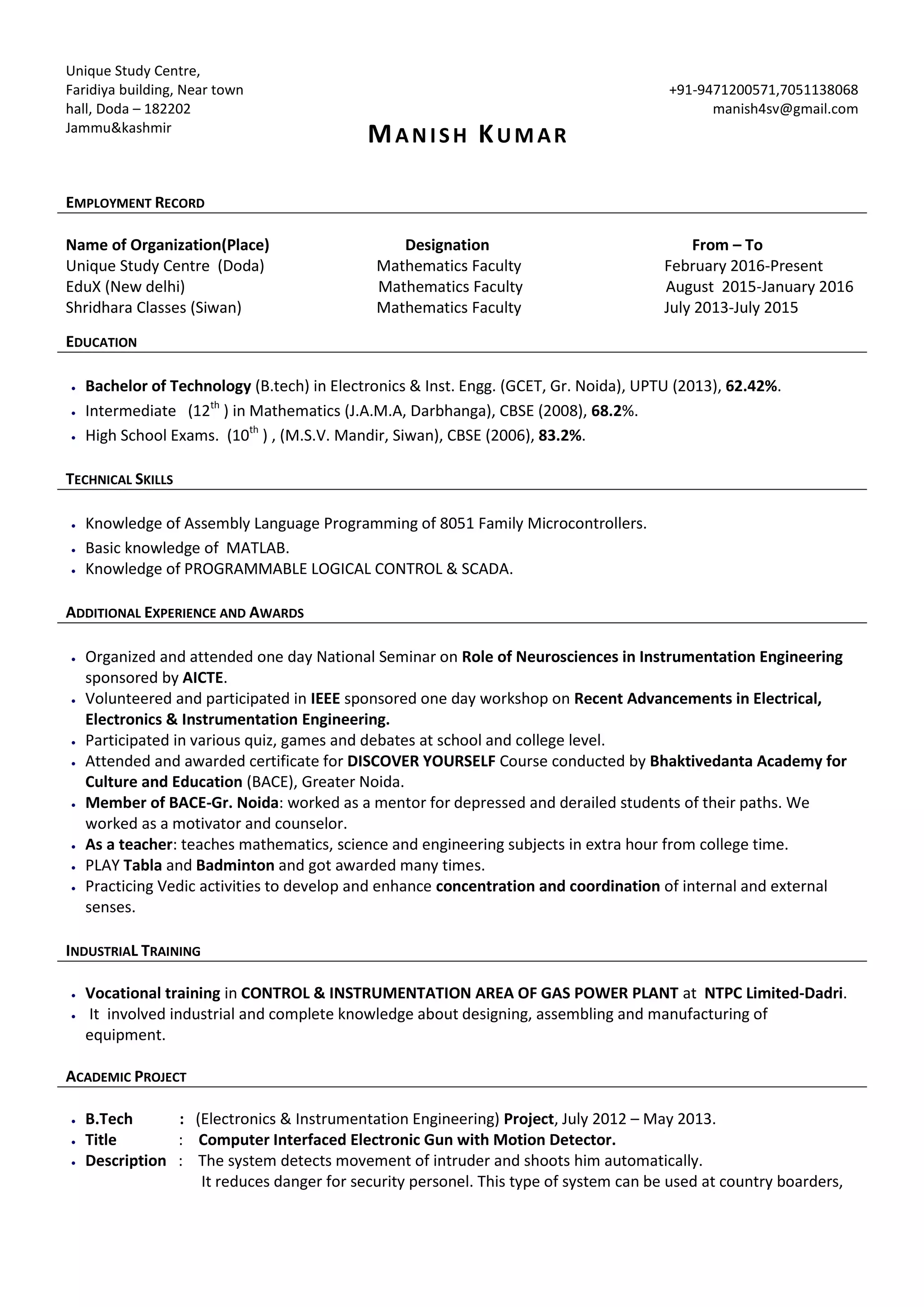 Manish RESUMEe 250416 | PDF