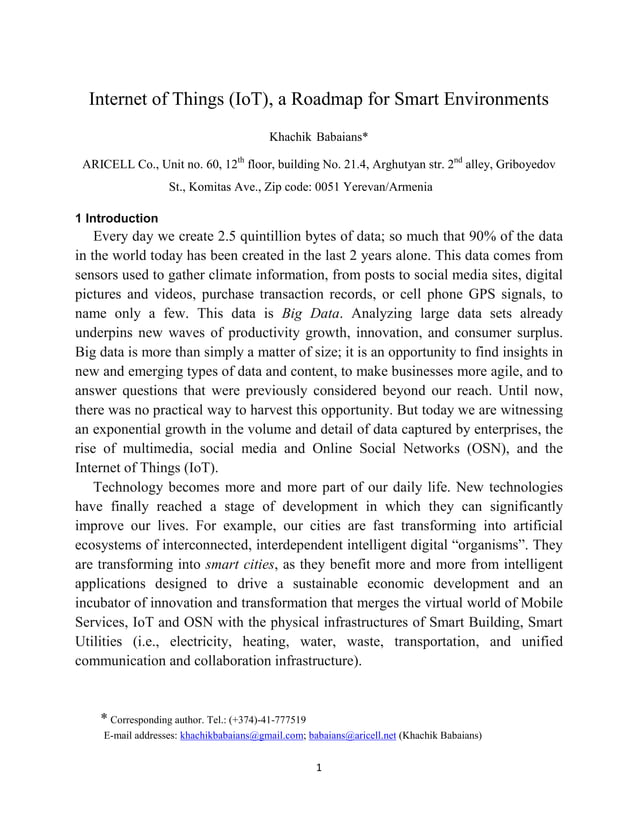 Internet of Things (IoT), a Roadmap for Smart Environments | PDF