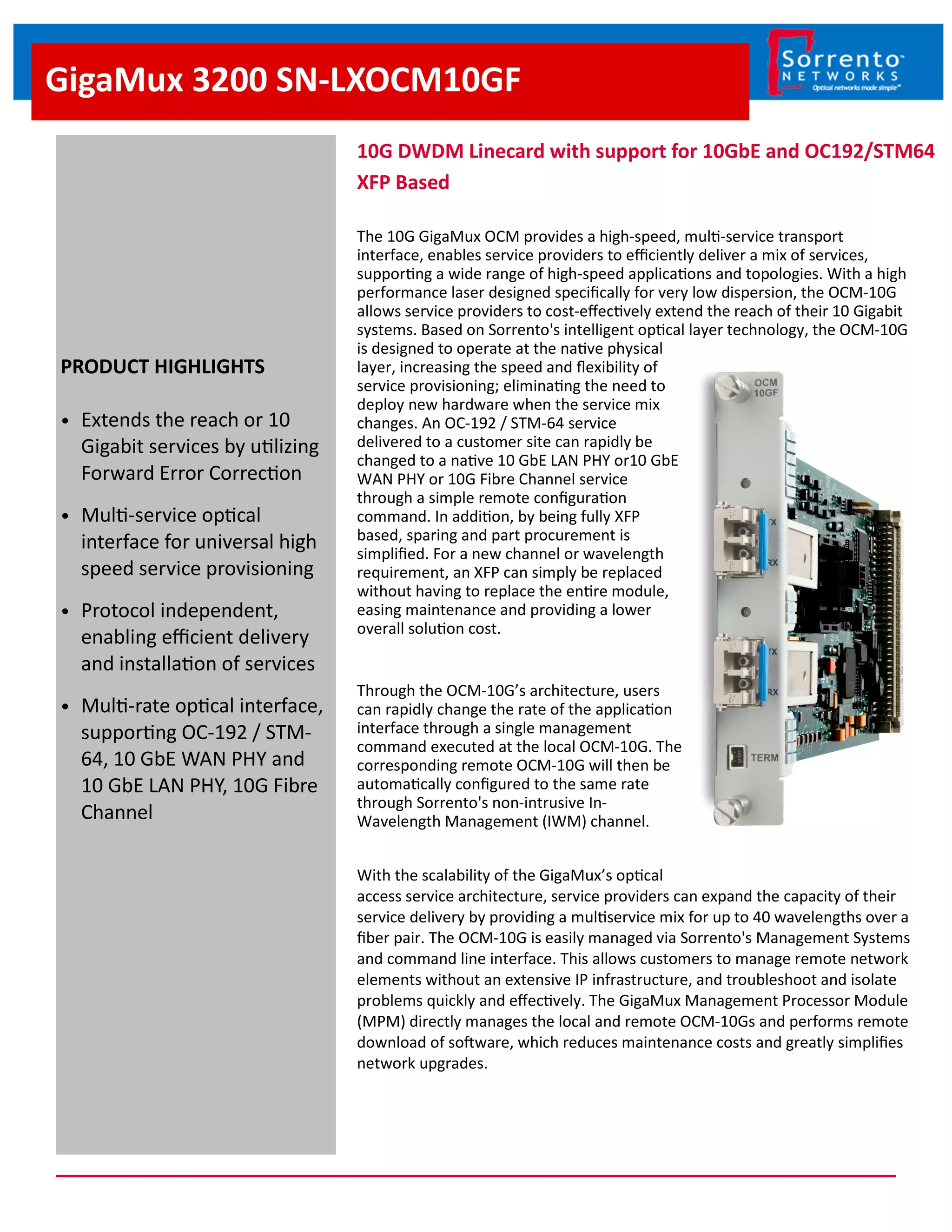 Sorrento Networks OCM10GF | PDF
