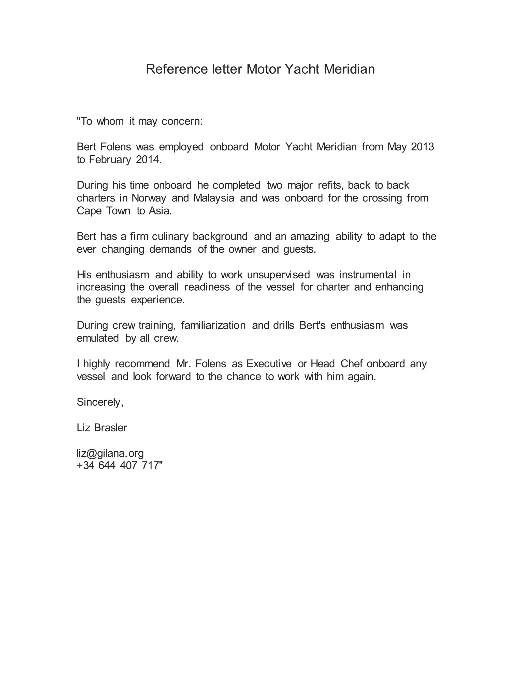 Reference letter Motor Yacht Meridian | DOCX