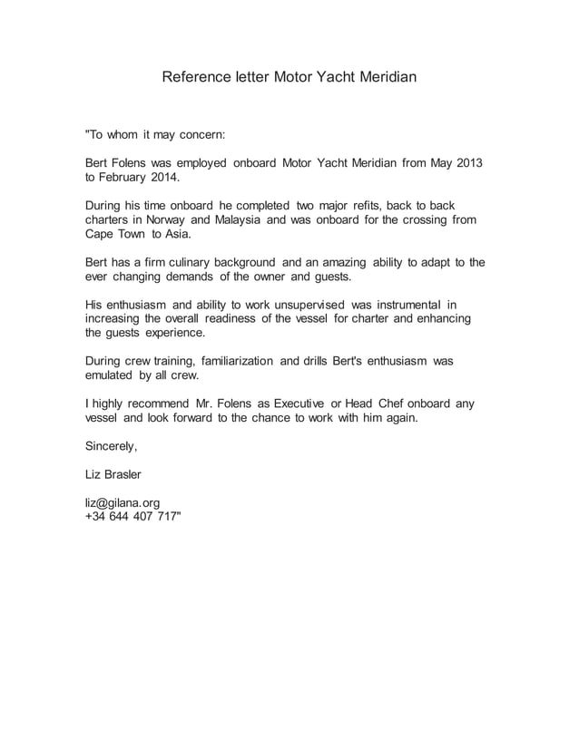 Reference letter Motor Yacht Meridian