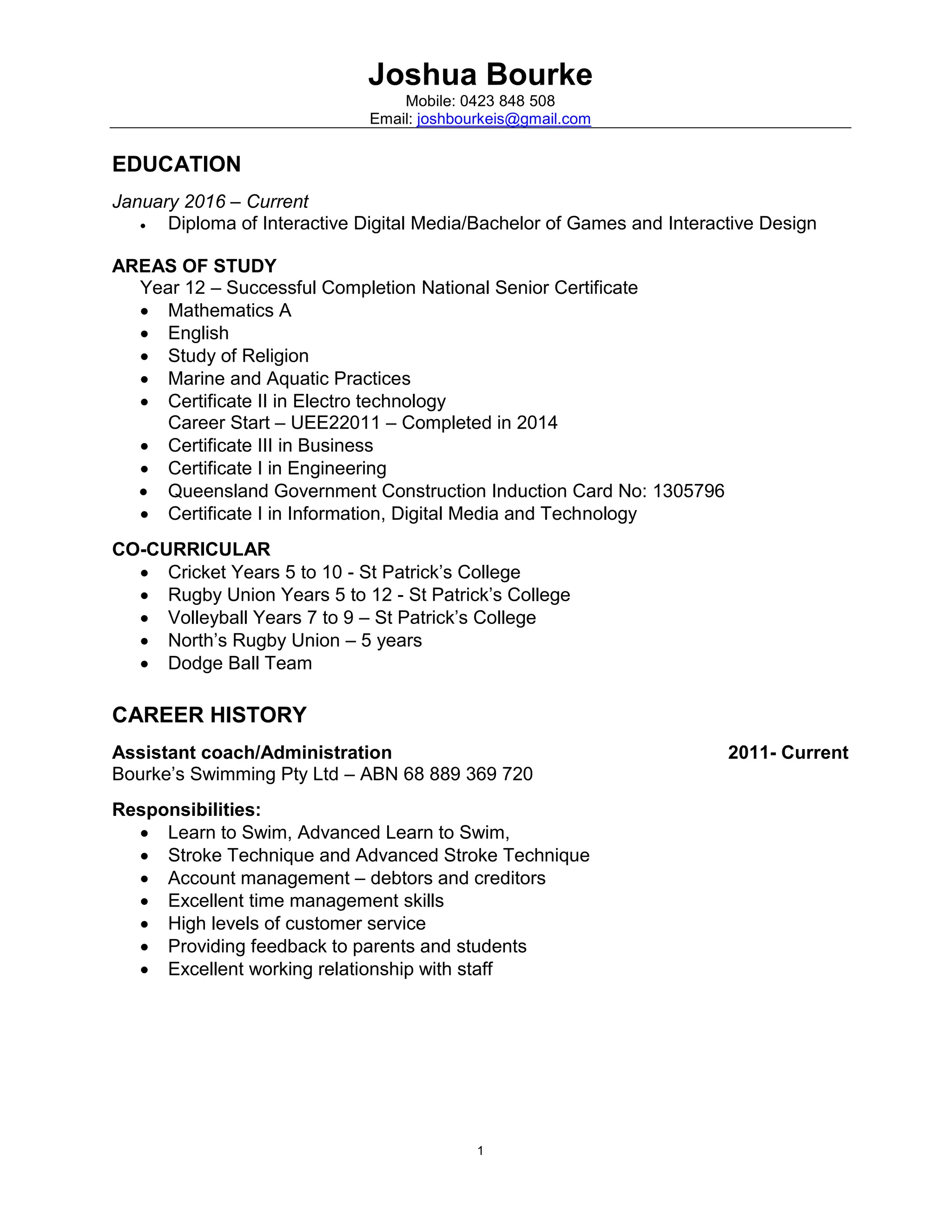 Josh Bourke Resume Current | PDF