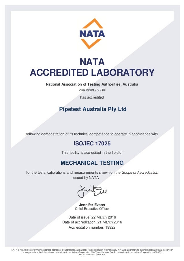 19922 PIPETEST NATA CERTIFICATION