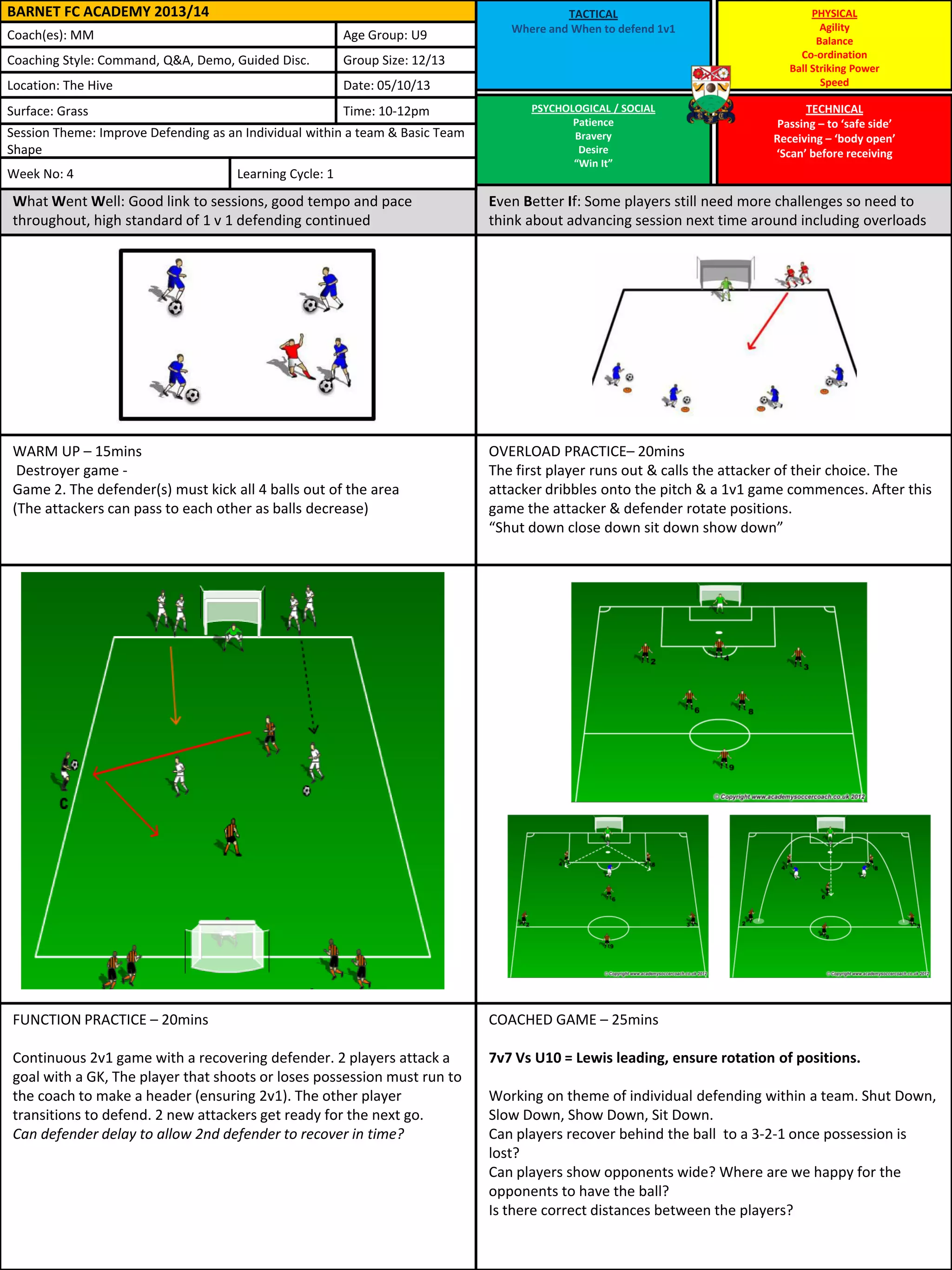 BFC U9 - Week 4 Session Plans - ImprovingDefending | PDF