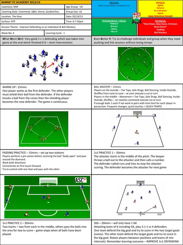 BFC U9 - Week 4 Session Plans - ImprovingDefending | PDF | Soccer | Sports