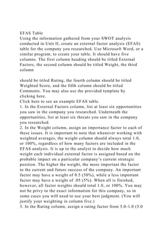EFAS TableUsing the information gathered from your SWOT analysis.docx ...