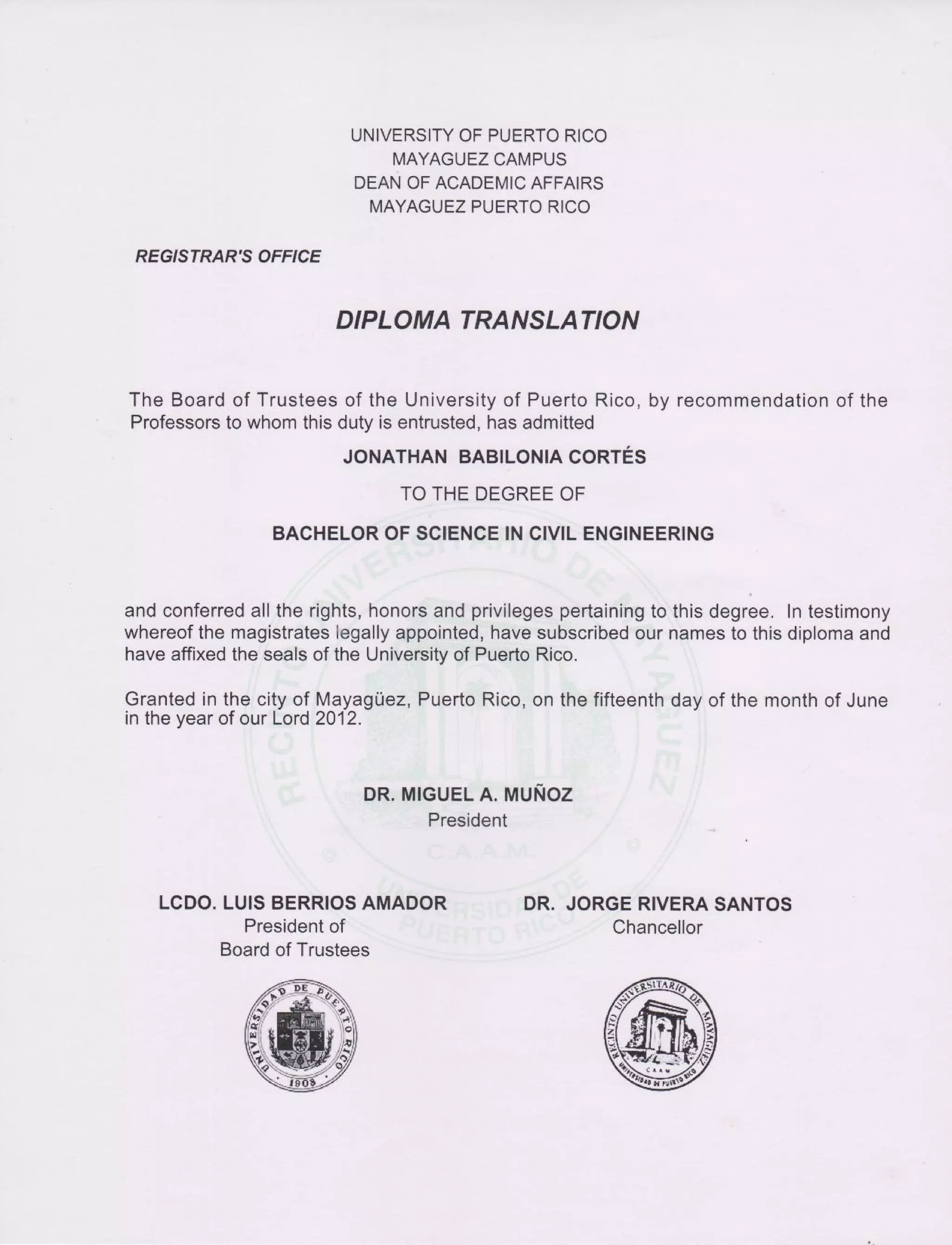 UPRM BS Civil Engineering Diploma | PPT