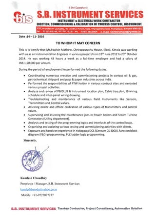 Experience Certificate_SB Instrument | PDF