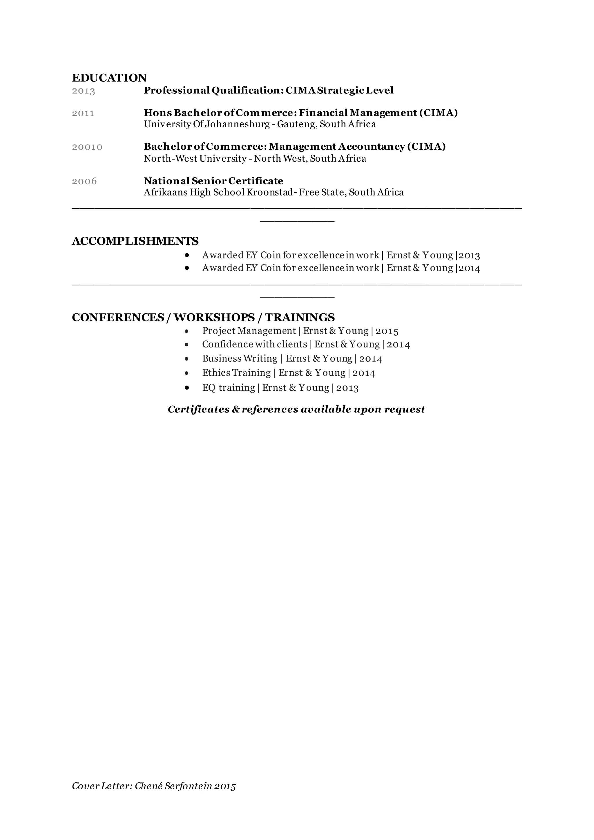 CV Chene Serfontein 2015 | DOCX | Management Consulting Industry | Industries