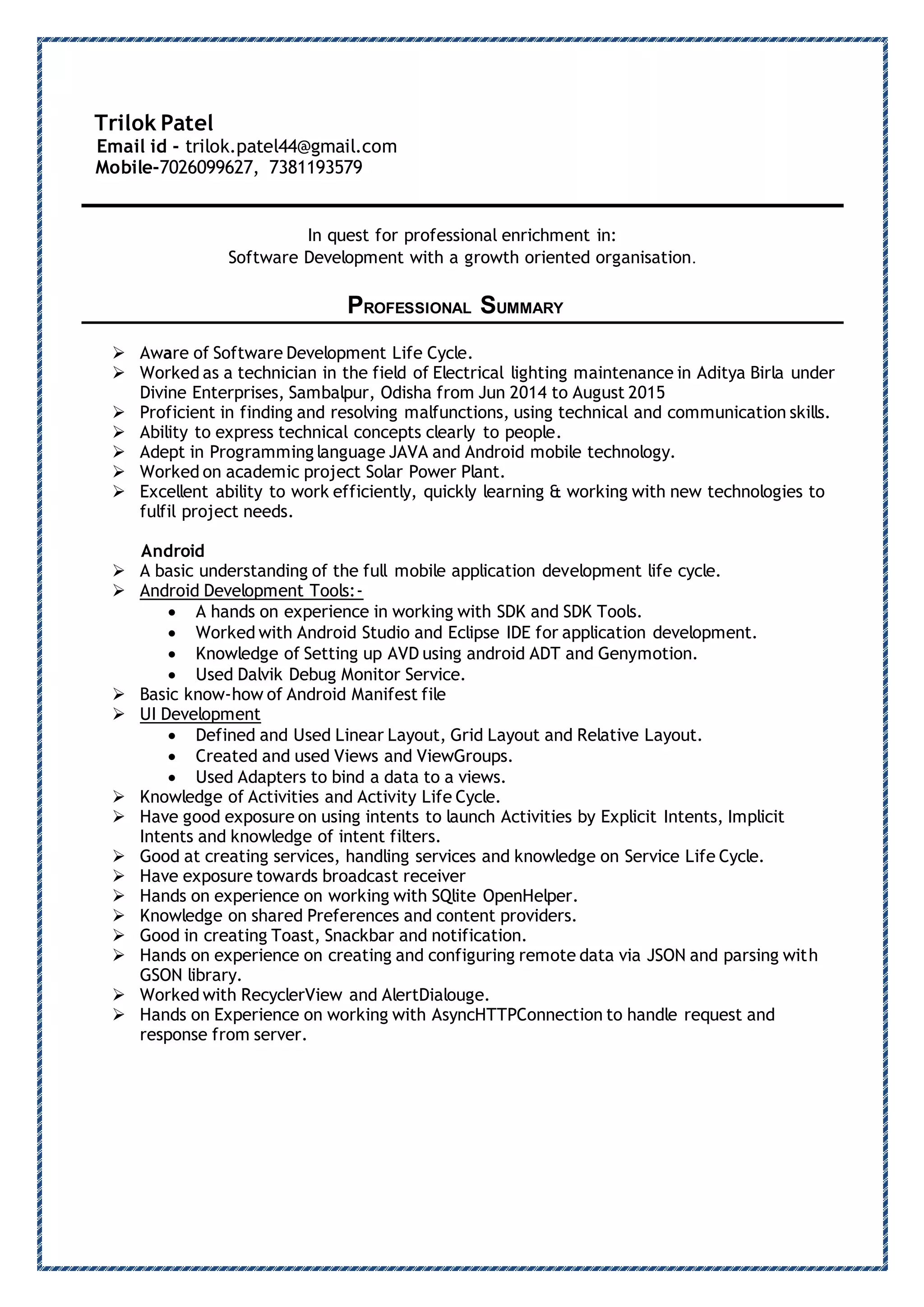 resume (Android) - J2ee | DOCX | Databases | Computer Software and Applications