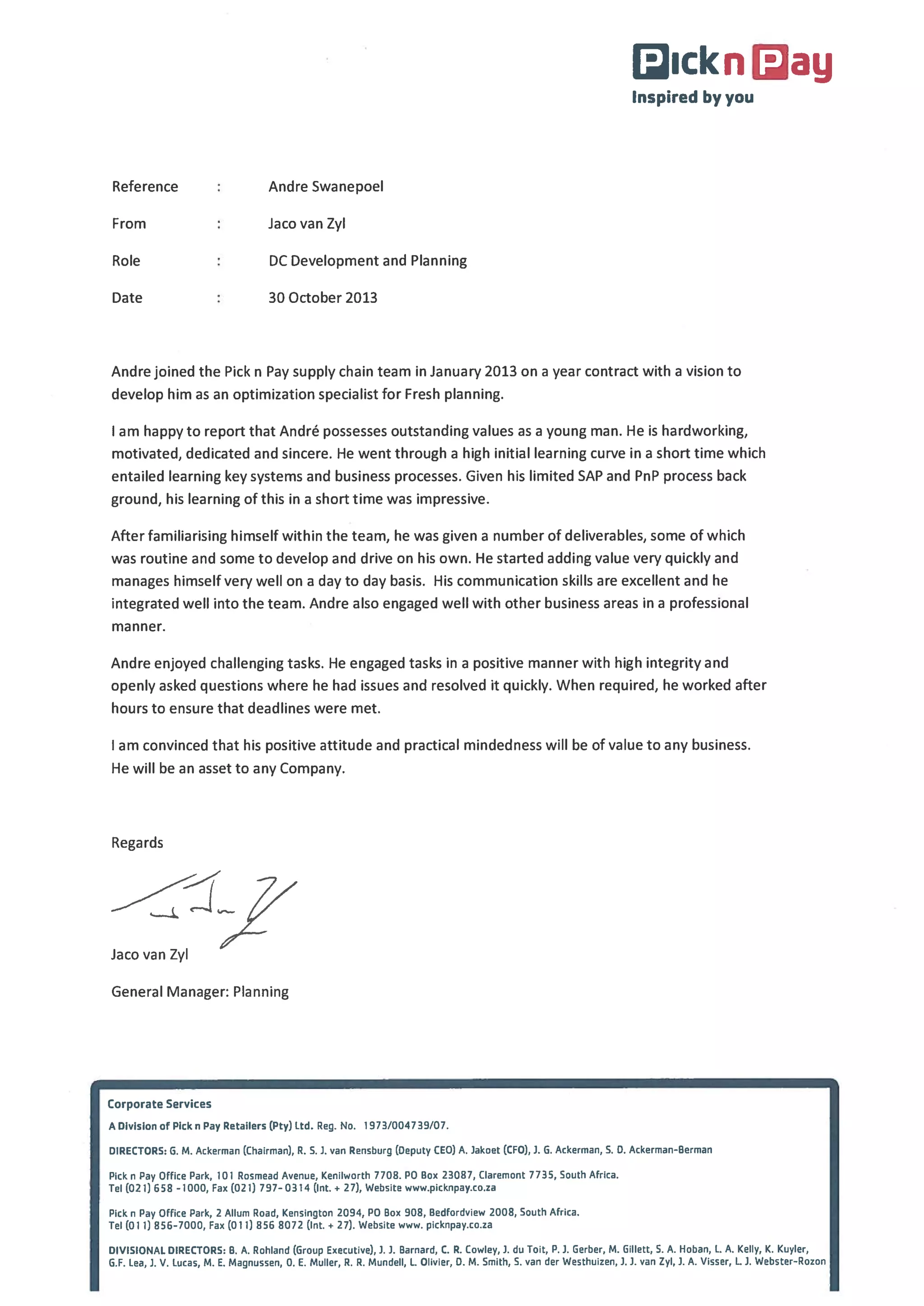 Andre Swanepoel Reference Letter - Jaco van Zyl | PDF