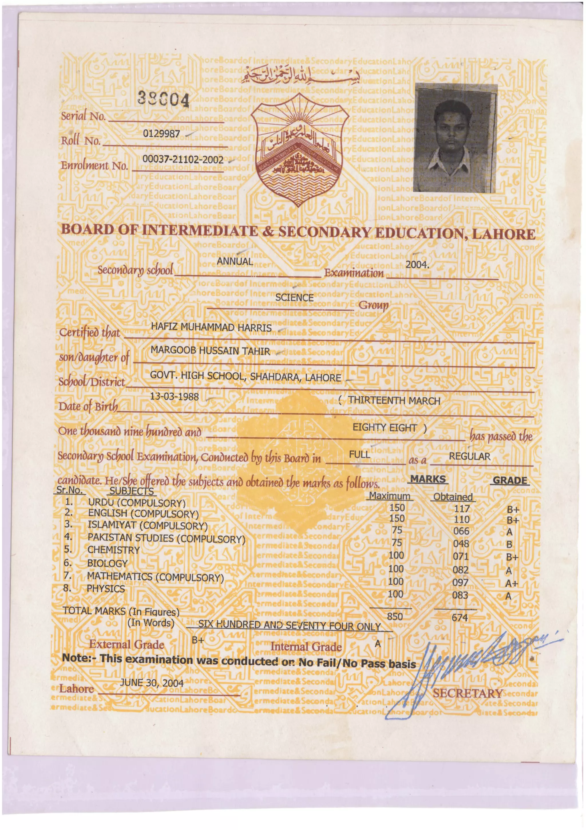 Matriculation Certificate | PDF