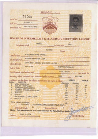 Matriculation Certificate | PDF