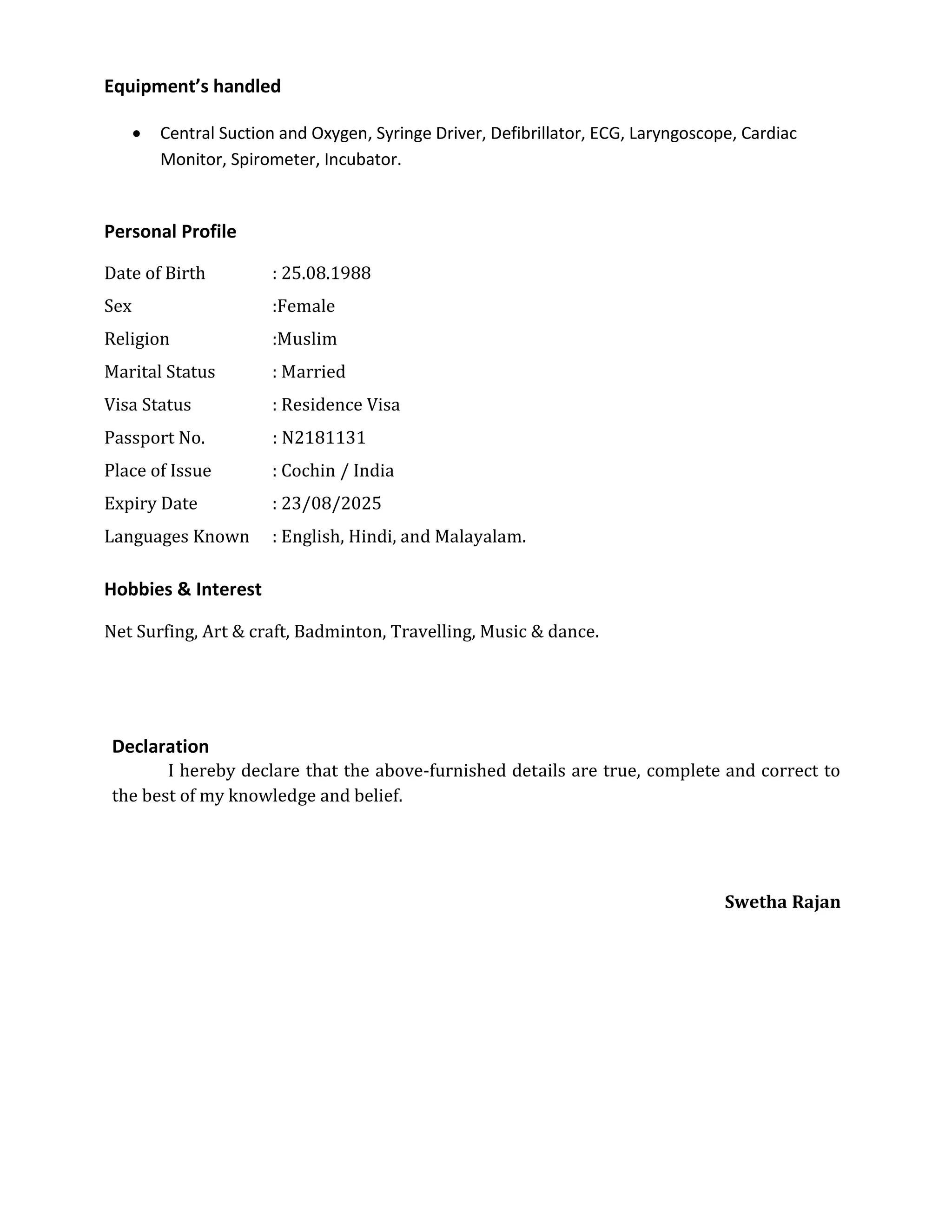 swetha biodata | PDF