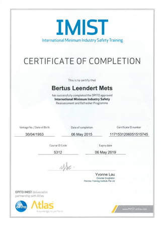IMIST Bertus Mets cert | PDF