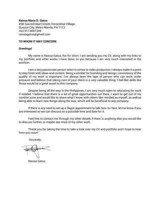Raissa Gatus Cover Letter 2017 | PDF