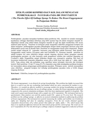 Efek plasebo kompres daun kol dalam mengatasi pembengkakan payudara ...