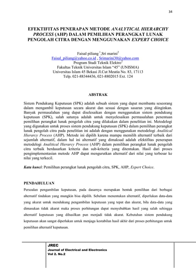 Efektifitas Penerapan Metode AHP dalam Pemilihan Perangkat Lunak Pengolah Citra dengan ...