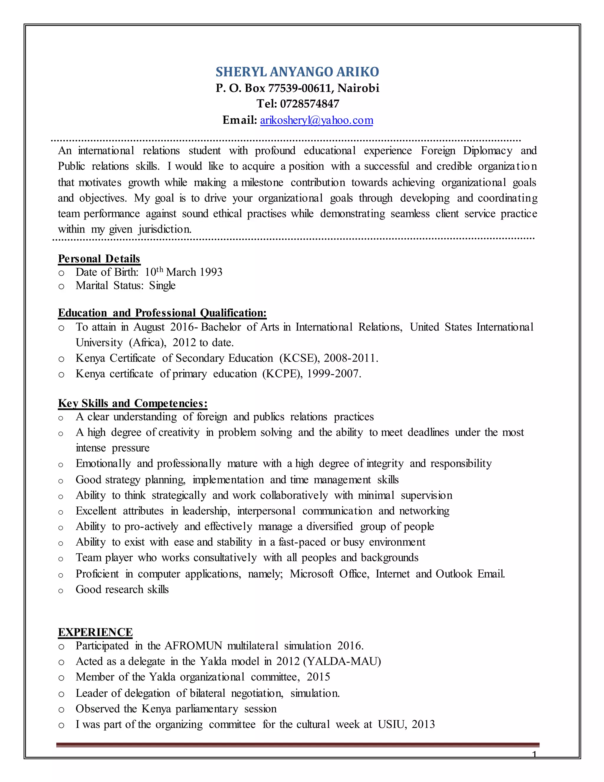 SHERYL ARIKO ANYANGO New CV | DOCX