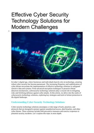 Effective Cyber Security Technology Solutions for Modern Challenges | PDF