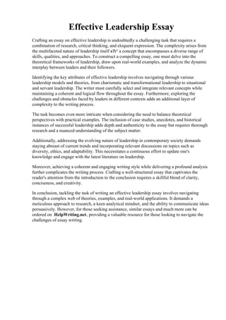 Effective Leadership Essay. Sample essay on leadership studies | PDF