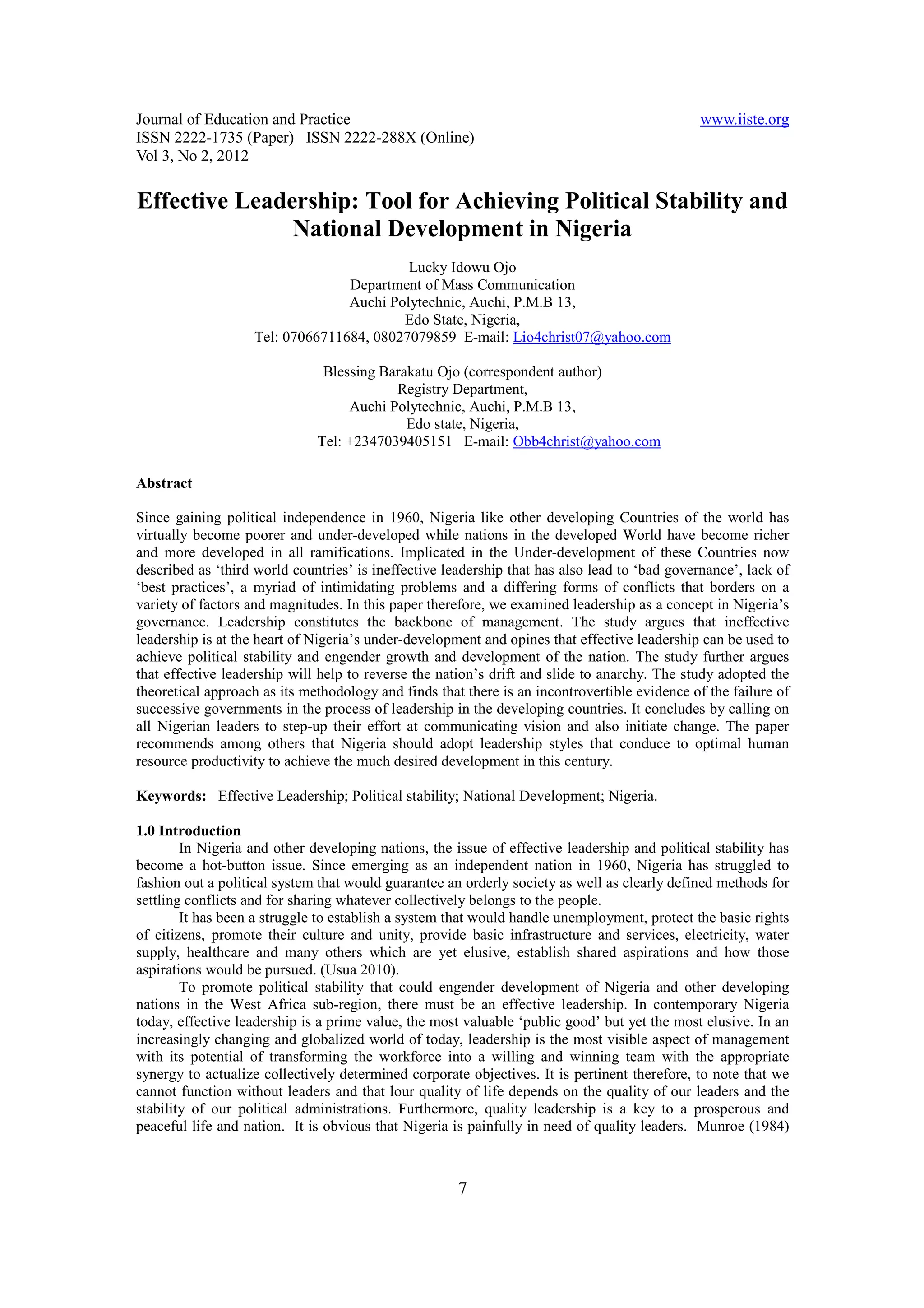 Effective leadership tool for achieving political stability and ...