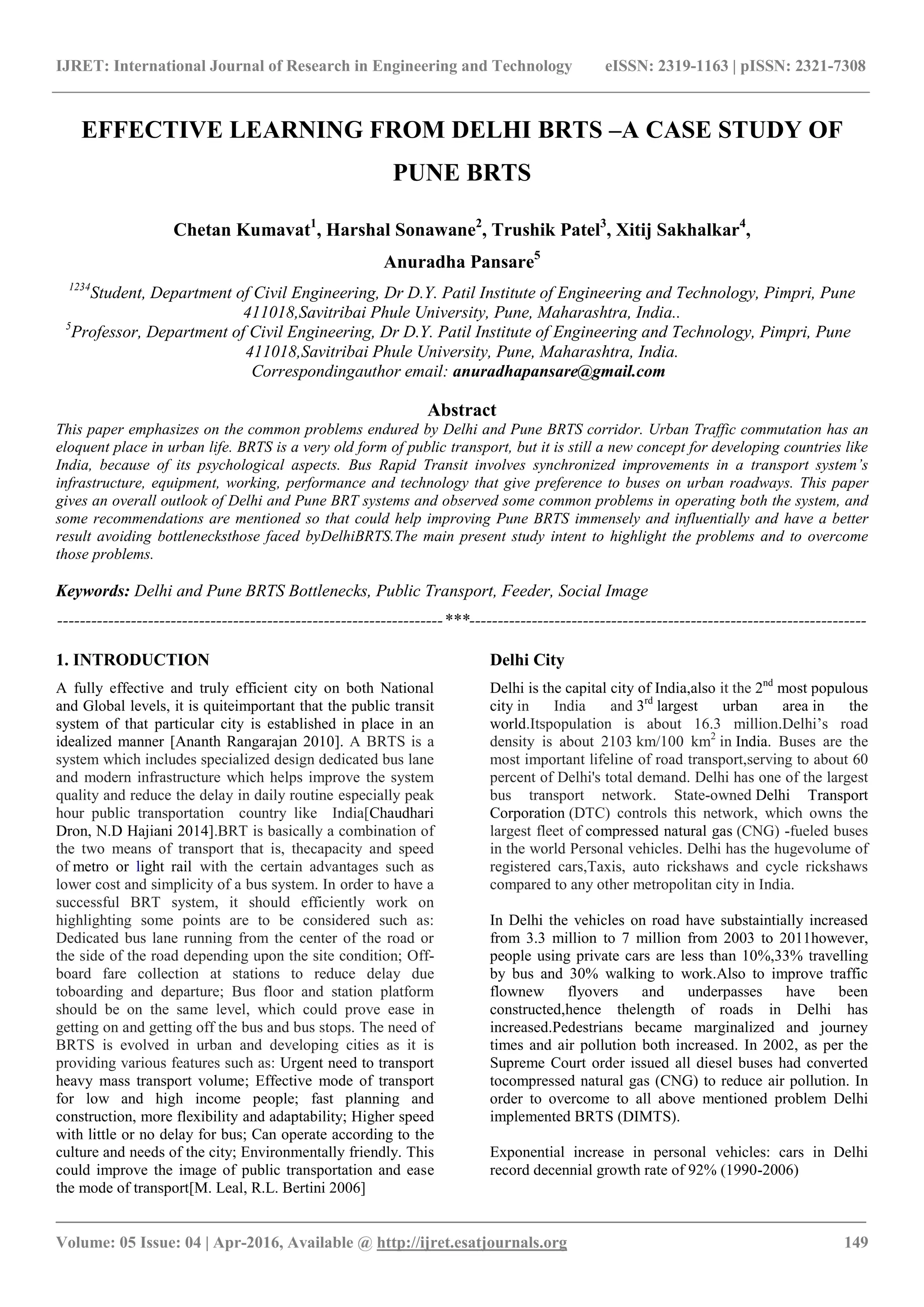 Effective learning from delhi brts –a case study of pune brts | PDF