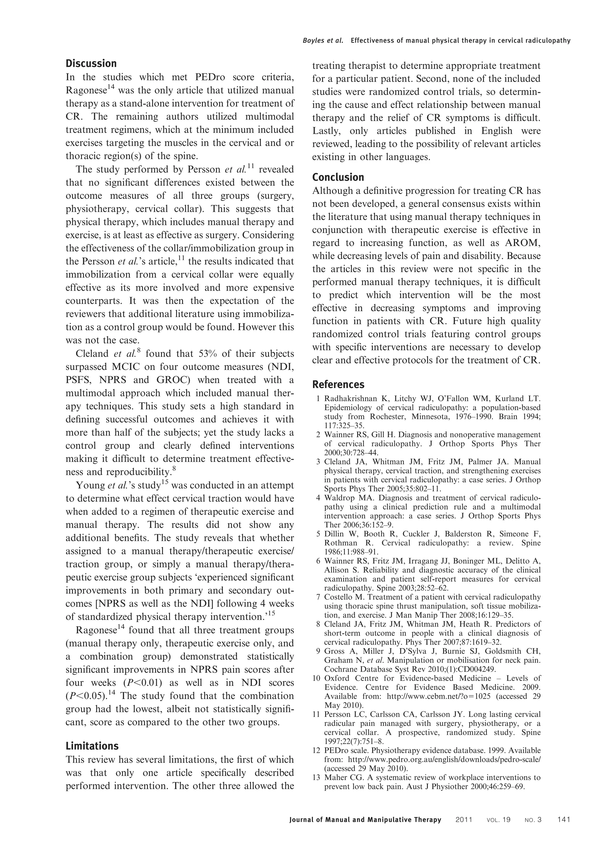 Effectiveness of manual physical therapy in cervical radiculopaty | PDF