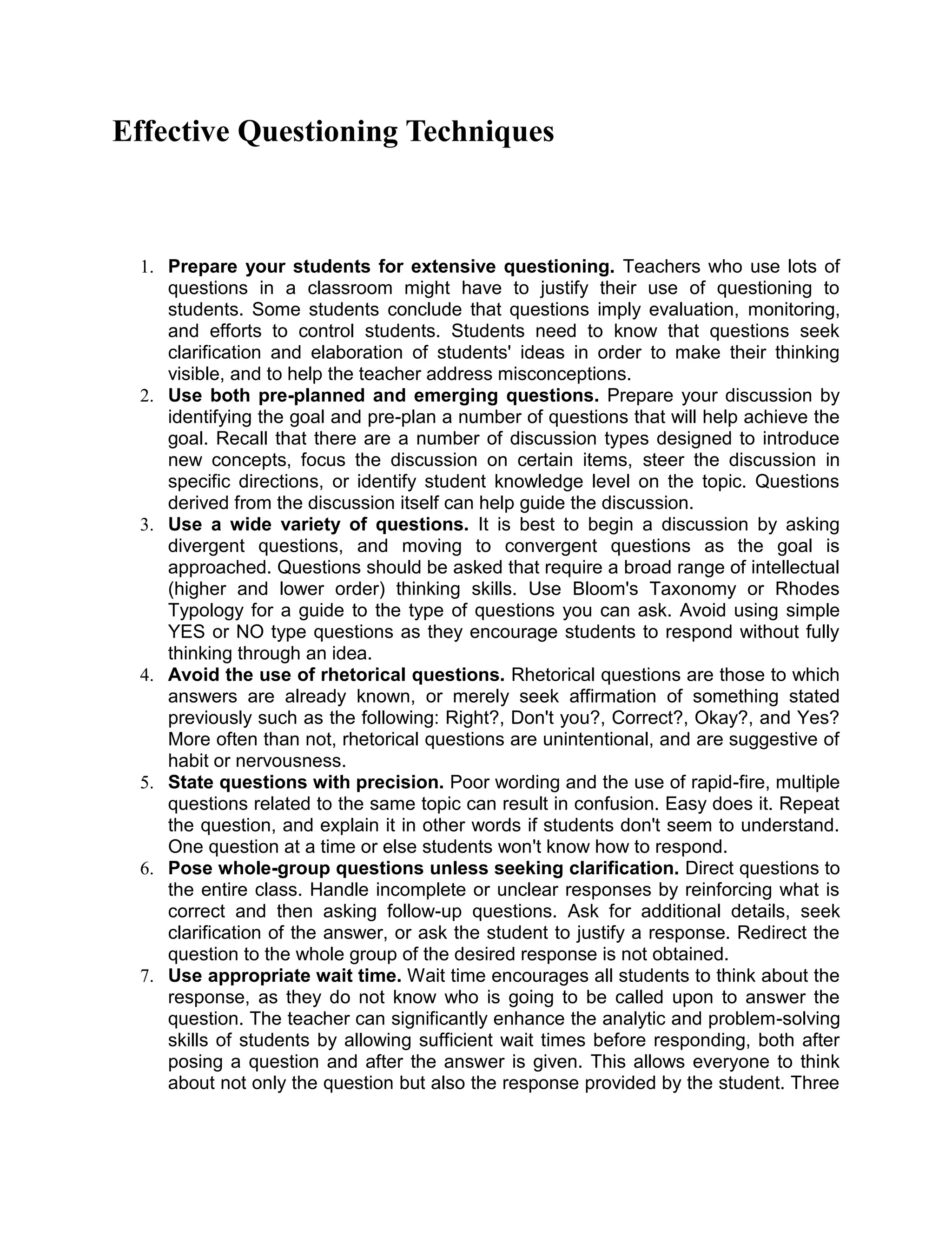 Effective questioning techniques | DOCX | Educational Assessment ...