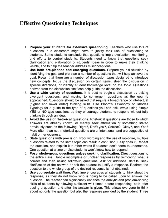 Effective questioning techniques | DOCX | Educational Assessment ...