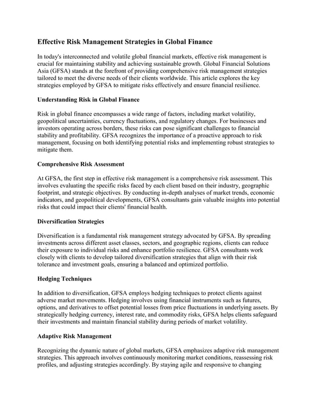Effective Risk Management Strategies In Global Finance Docx