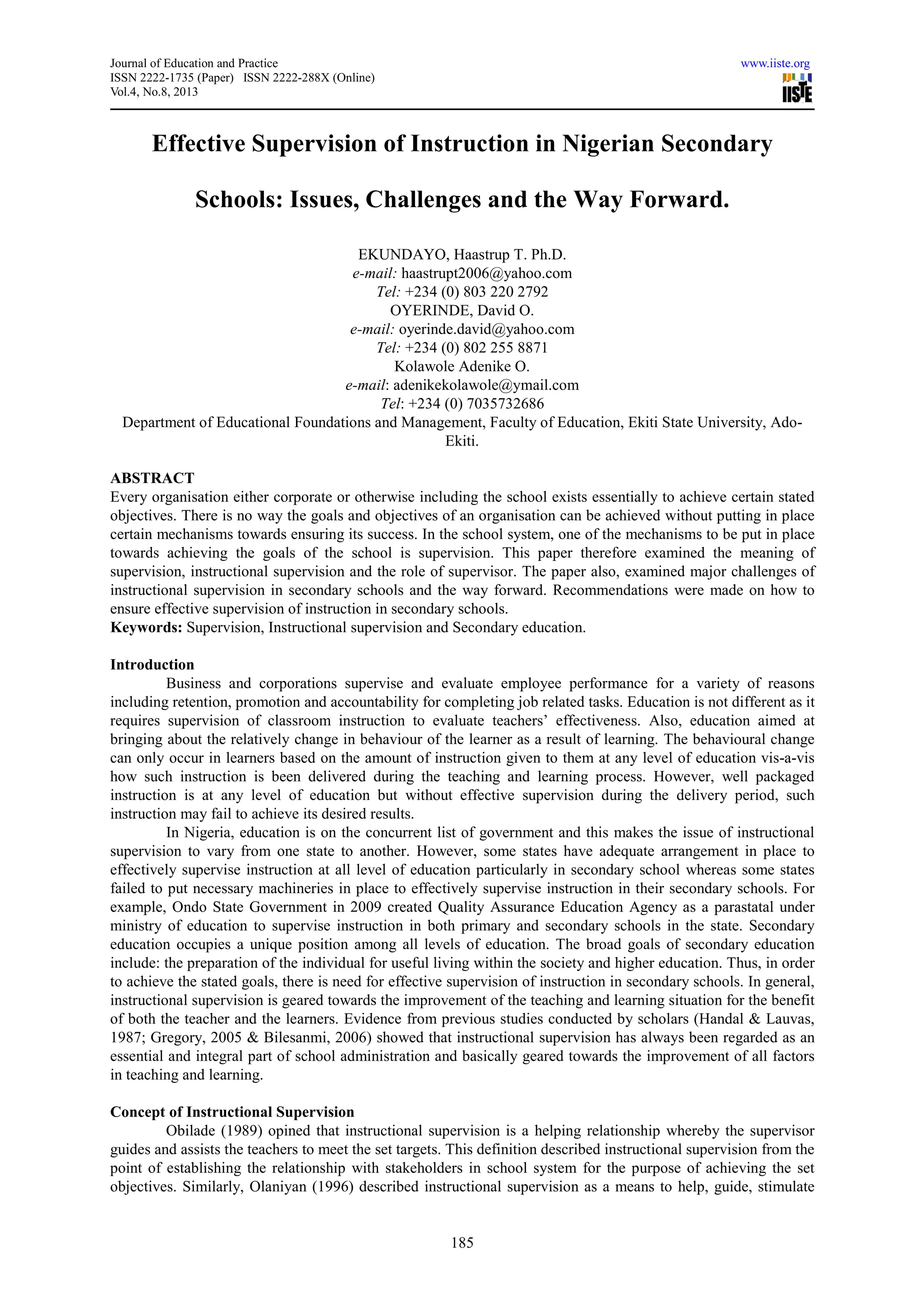 Effective supervision of instruction in nigerian secondary schools issues, challenges and the ...