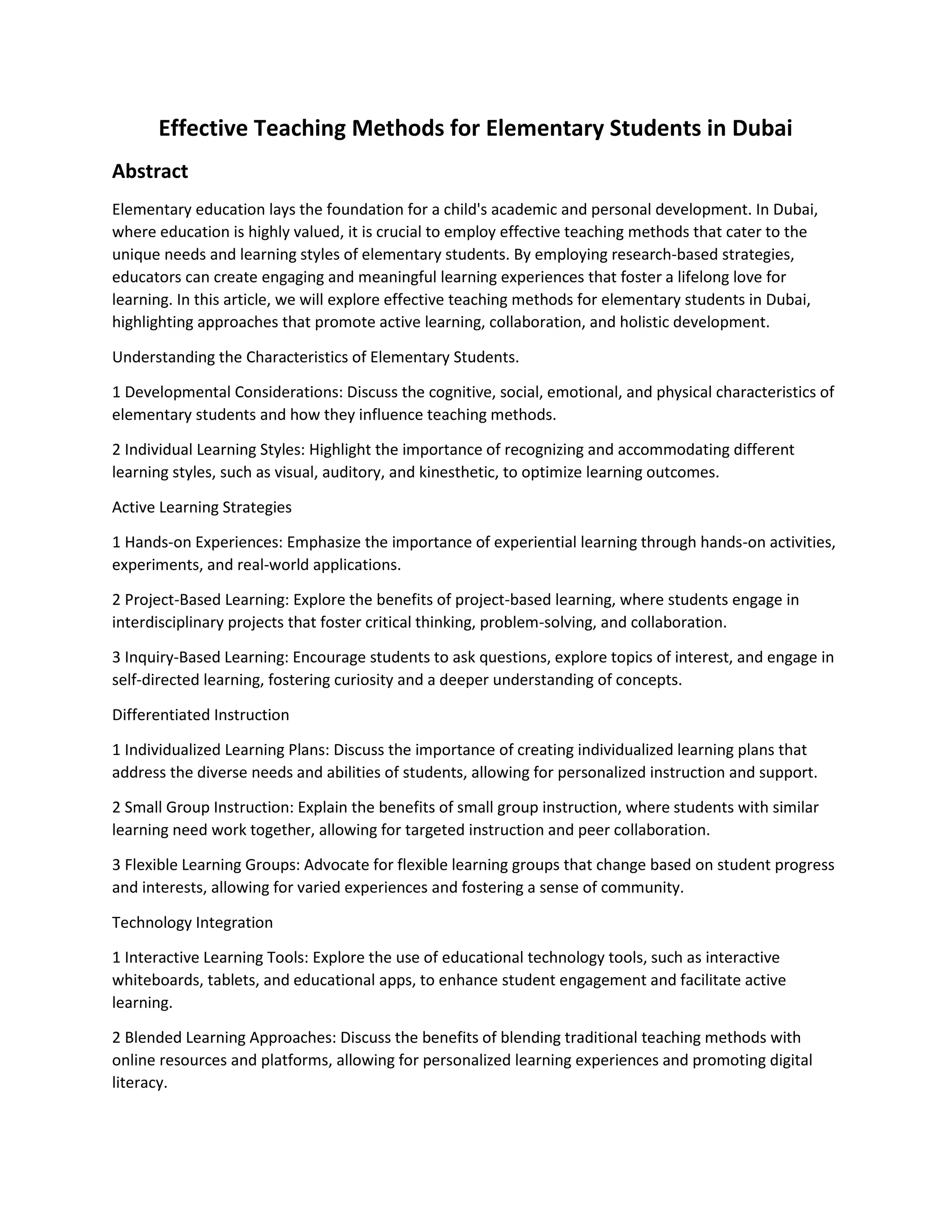 Effective Teaching Methods for Elementary Students in Dubai | PDF