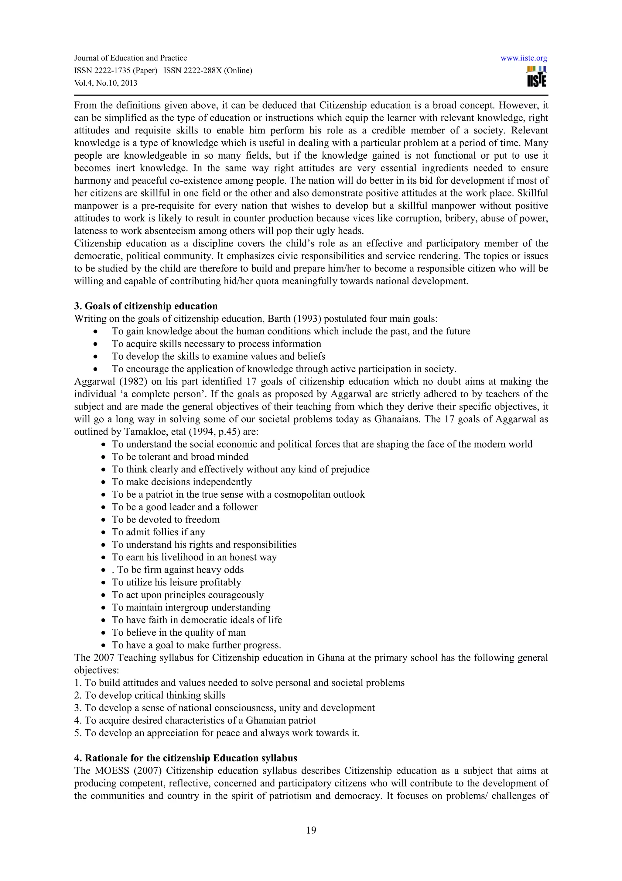 Effective teaching of citizenship education in primary schools in ghana ...