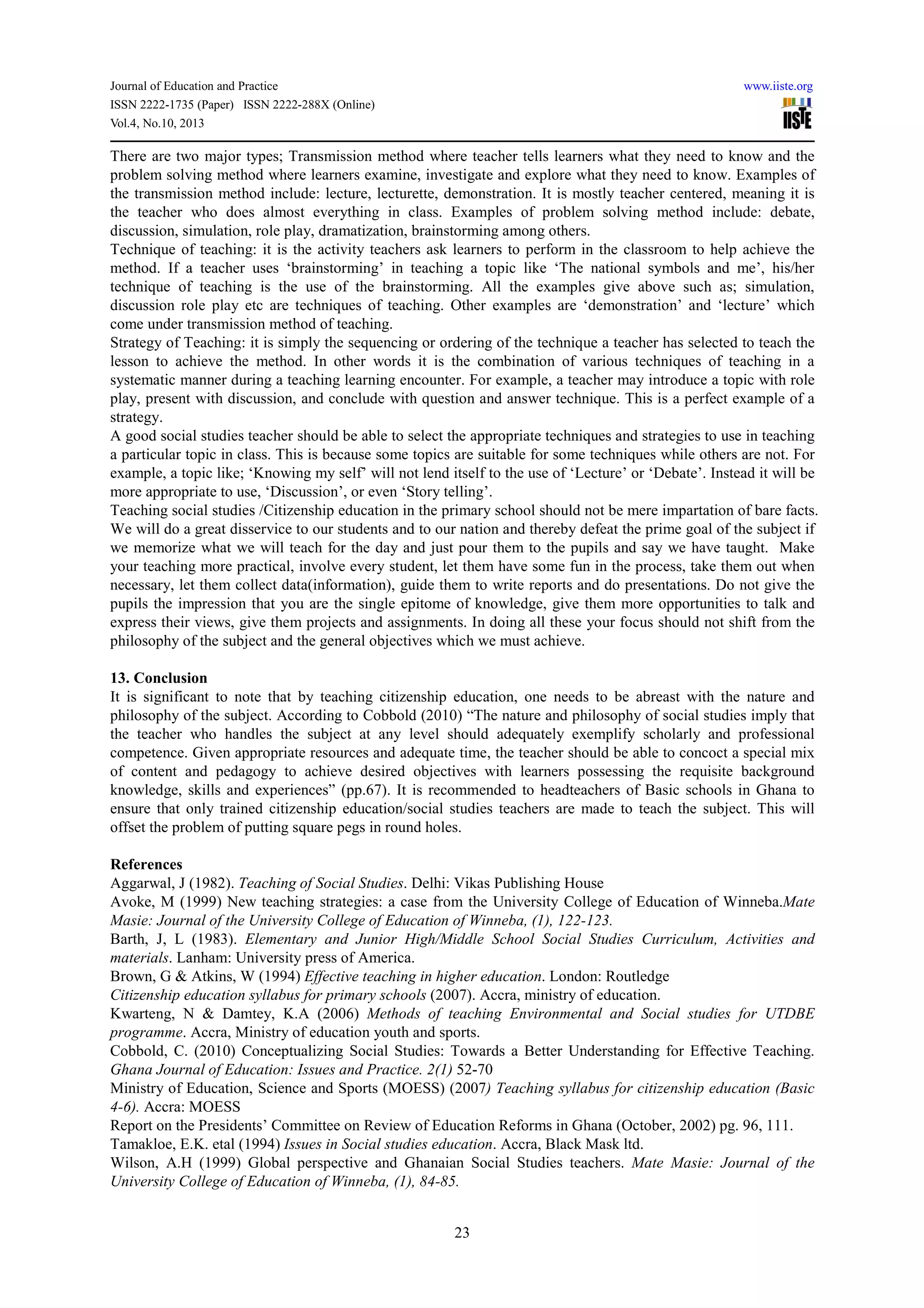 Effective teaching of citizenship education in primary schools in ghana ...