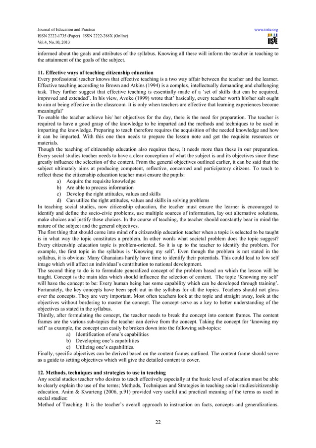 Effective teaching of citizenship education in primary schools in ghana ...