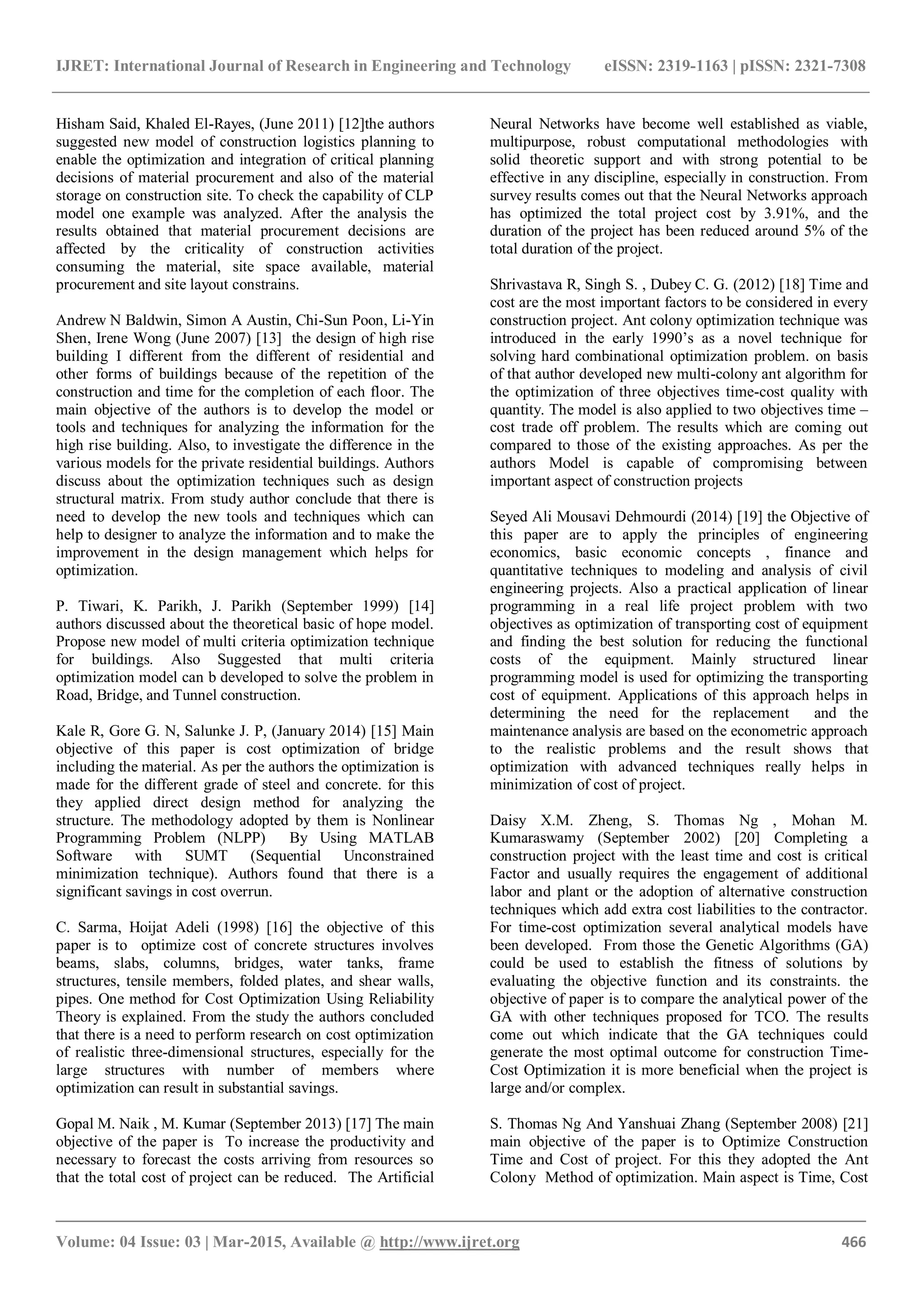 Effective techniques in cost optimization of construction project an review | PDF