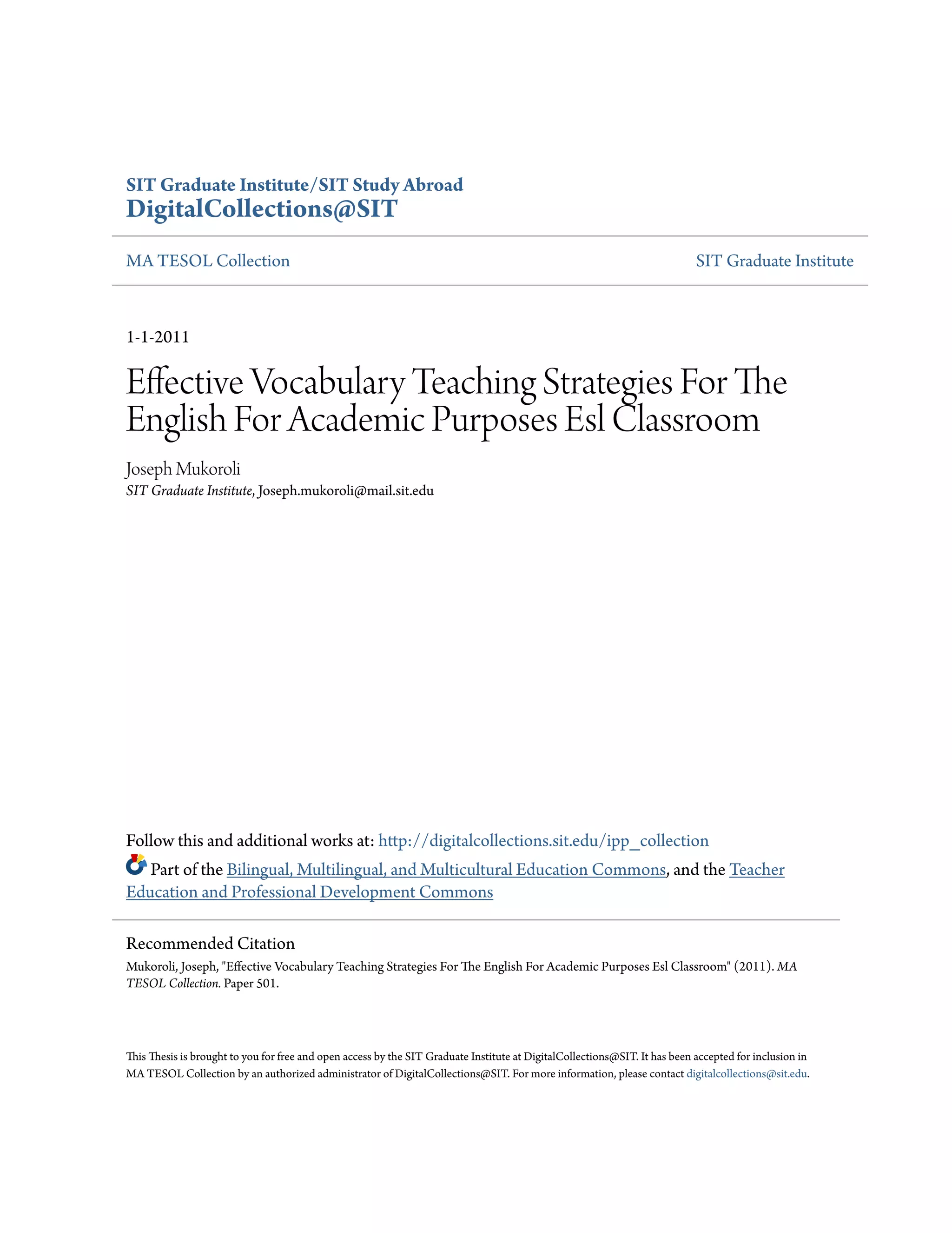 Effective vocabulary teaching strategies for the english for aca | PDF