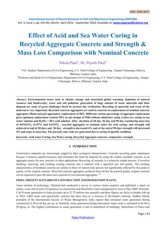 Effect of Acid and Sea Water Curing in Recycled Aggregate Concrete and Strength & Mass Loss ...