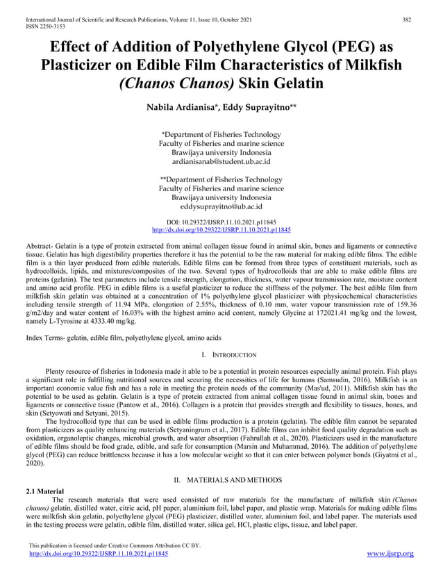 Effect of addition of polyethylene glycol (peg) as plasticizer on ...