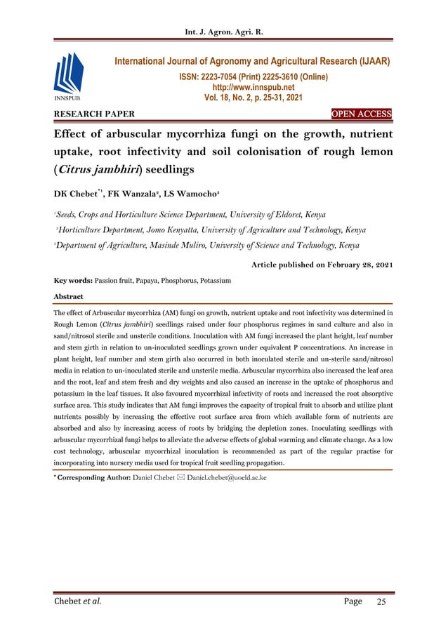 Effect of arbuscular mycorrhiza fungi on the growth, nutrient uptake, root infectivity and soil ...