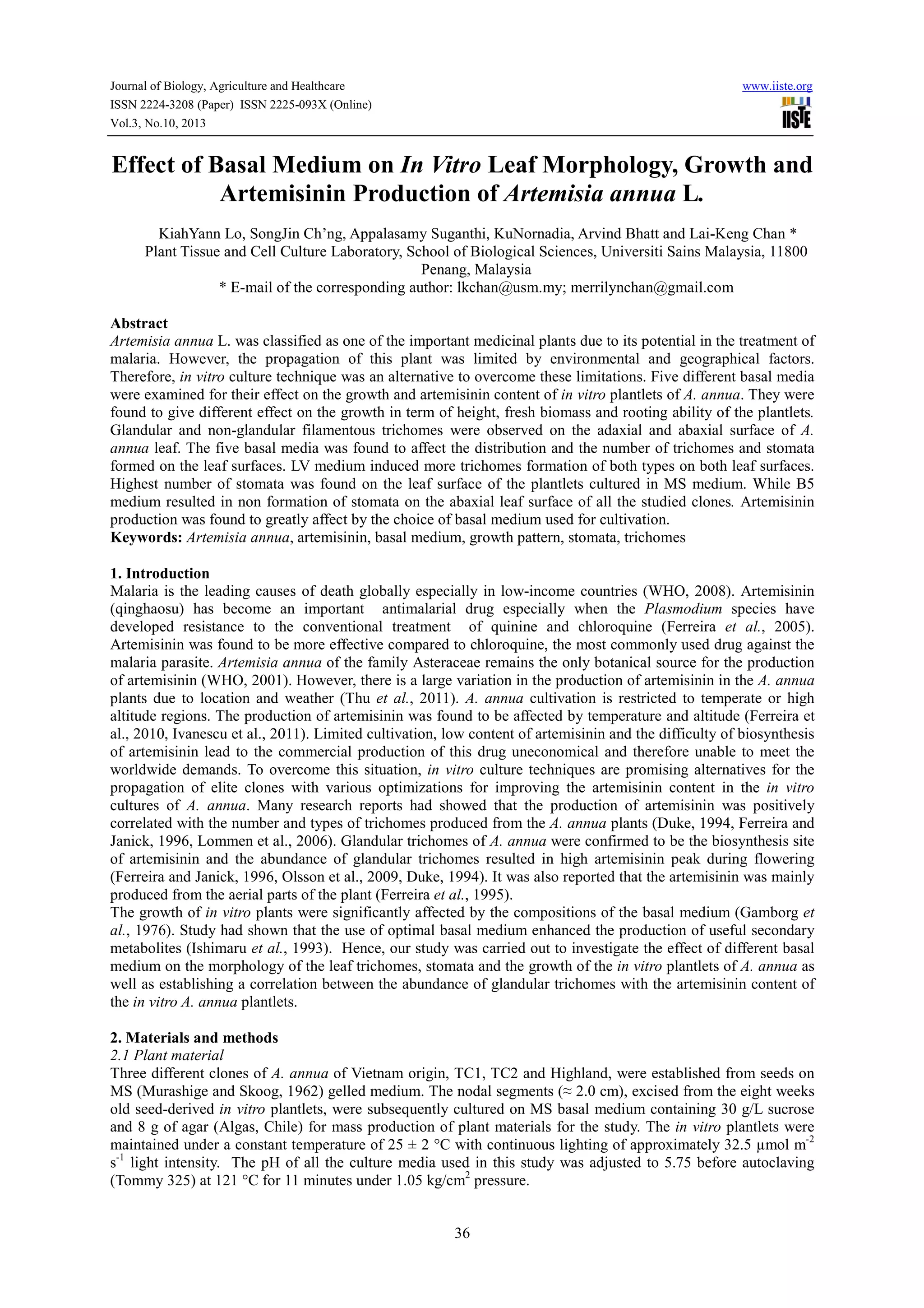 Effect of basal medium on in vitro leaf morphology, growth and ...