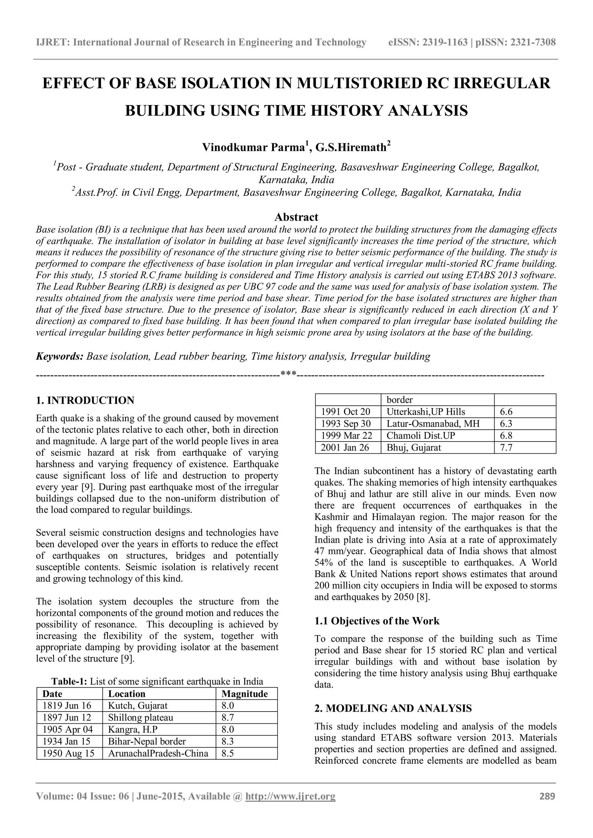 Effect Of Base Isolation In Multistoried Rc Irregular Building Using Time History Analysis Pdf