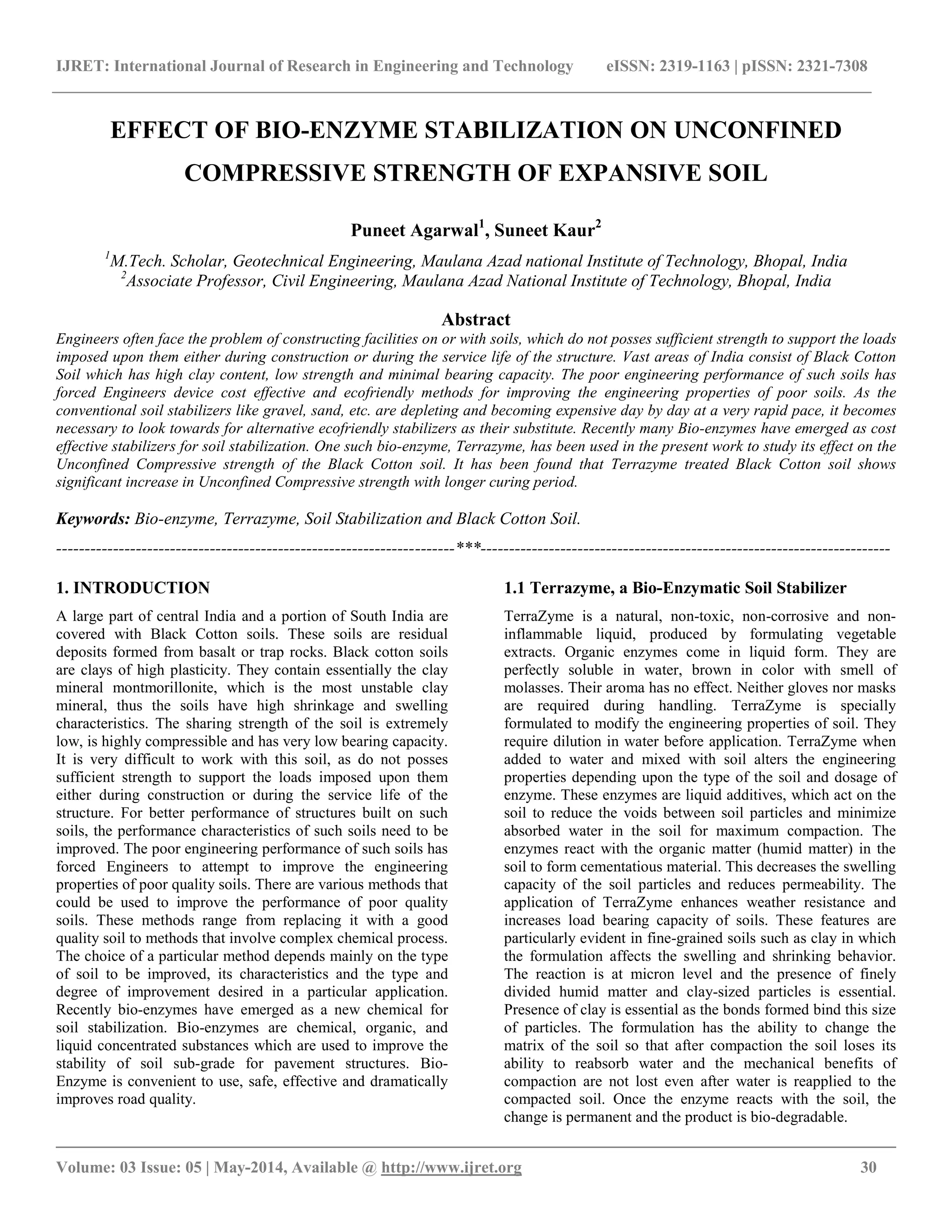 Effect of bio enzyme stabilization on unconfined compressive strength ...