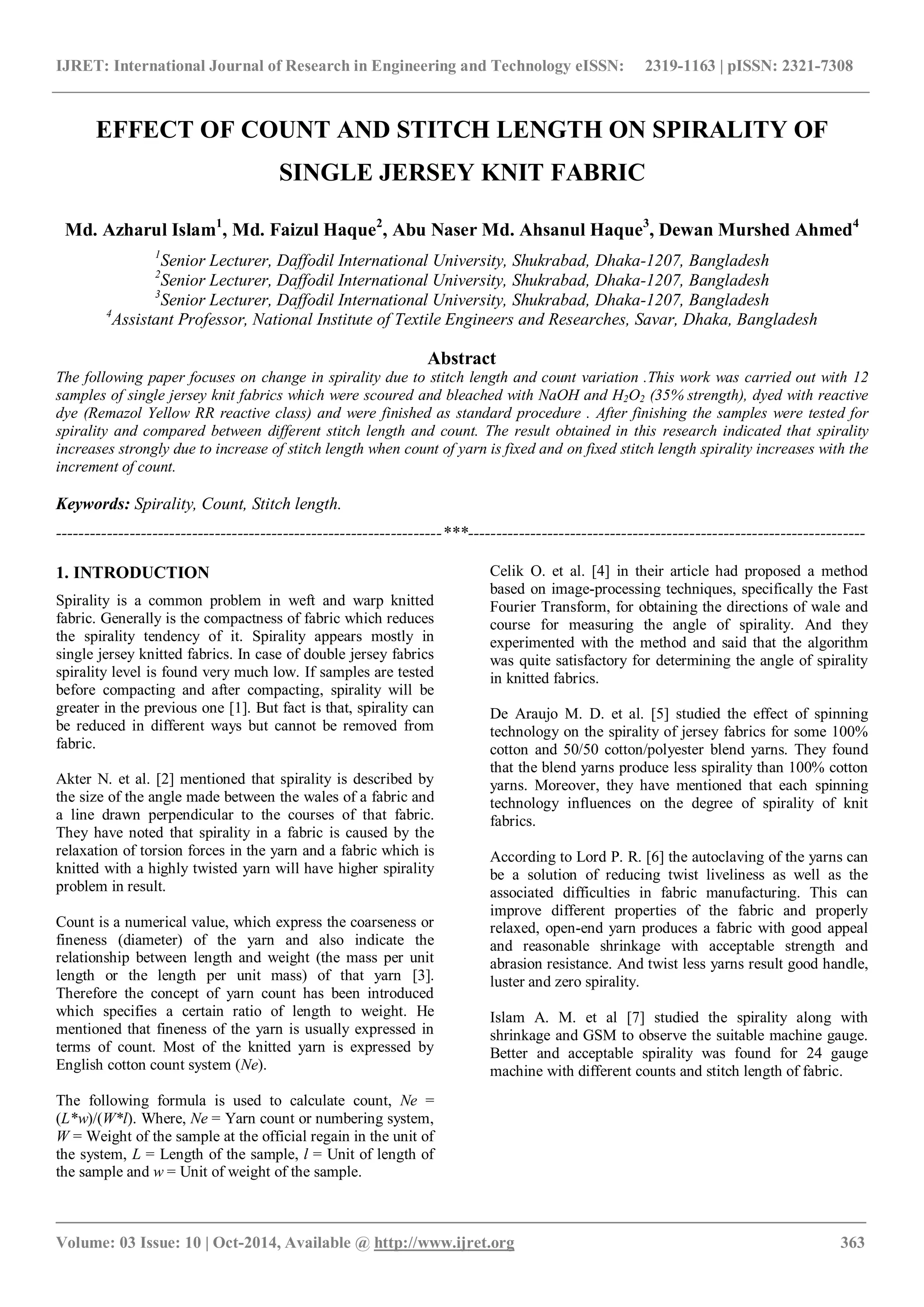 Effect of count and stitch length on spirality of single jersey knit ...